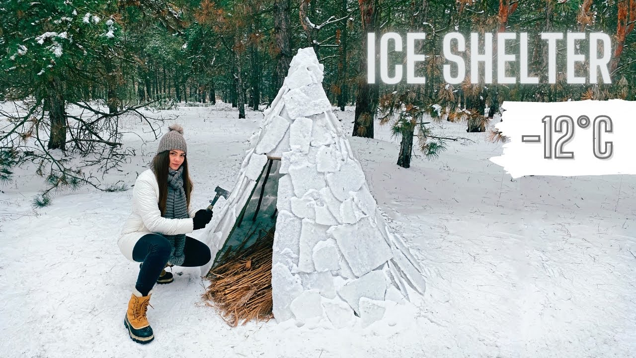 Solo bushcraft: building ICE SHELTER in winter forest | camping alone ...