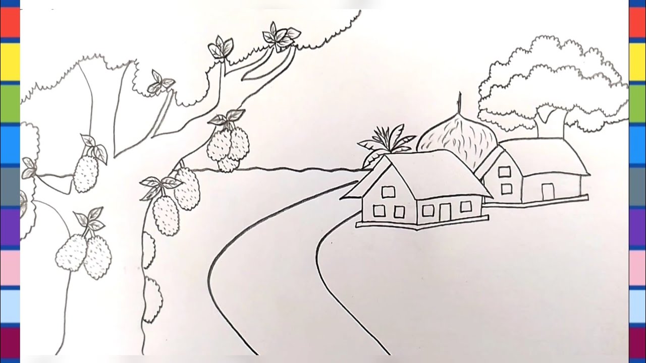 How to draw easy scenery | Village drawing | A Beautiful Village ...