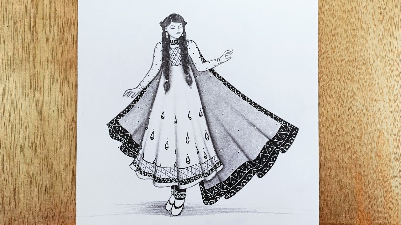 Traditional girl drawing with beautiful dress || girl drawing | Pencil ...