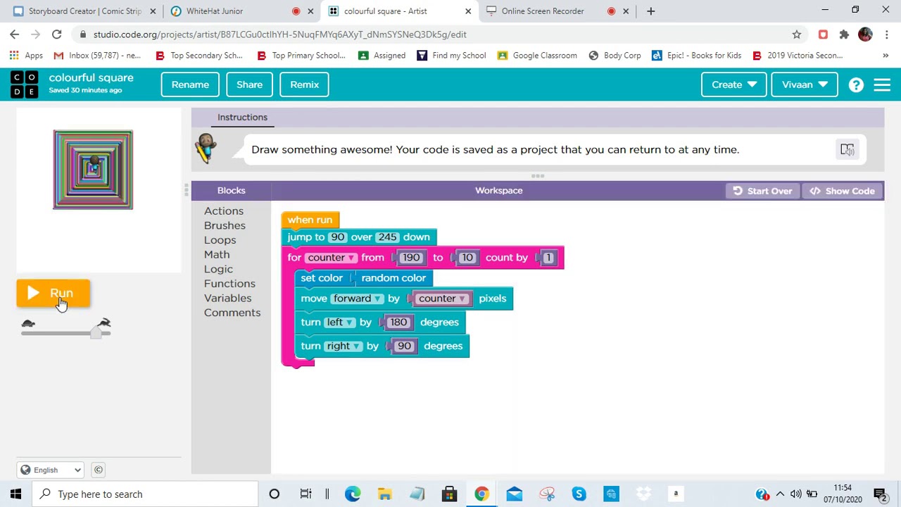 Making a colourful square using count loop. - YouTube