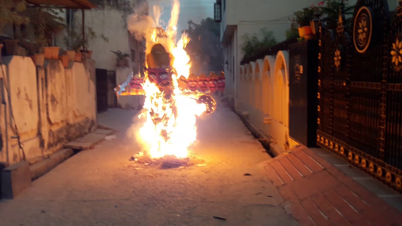 Burning of a homemade ravan by 3 kids - YouTube