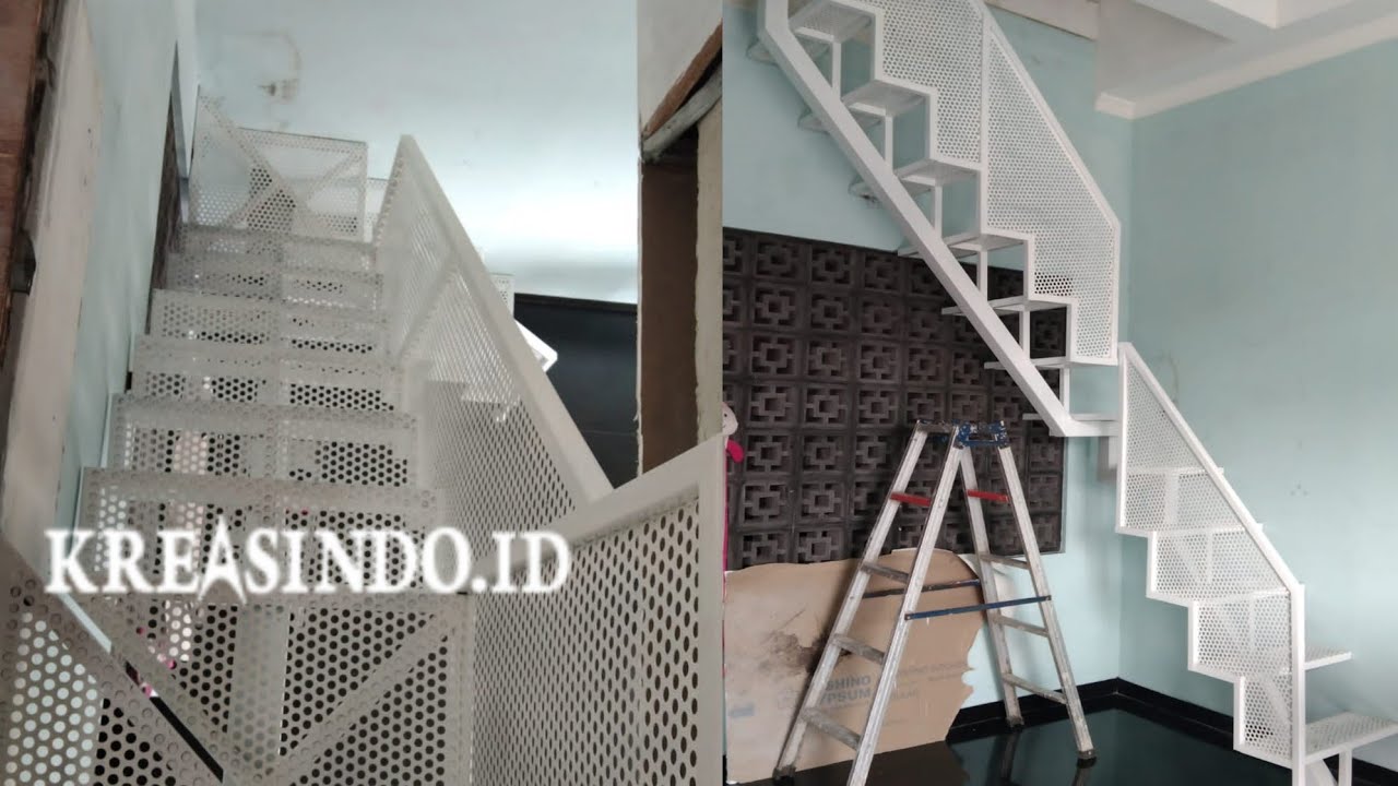 tangga trap besi alas dan railing menggunakan plat perforated - YouTube
