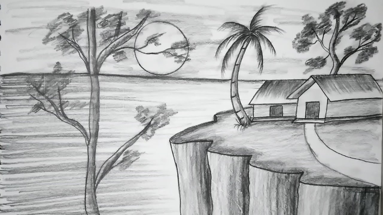 How to draw a sunset scenery with pencil | Sunset scenery drawing by# ...