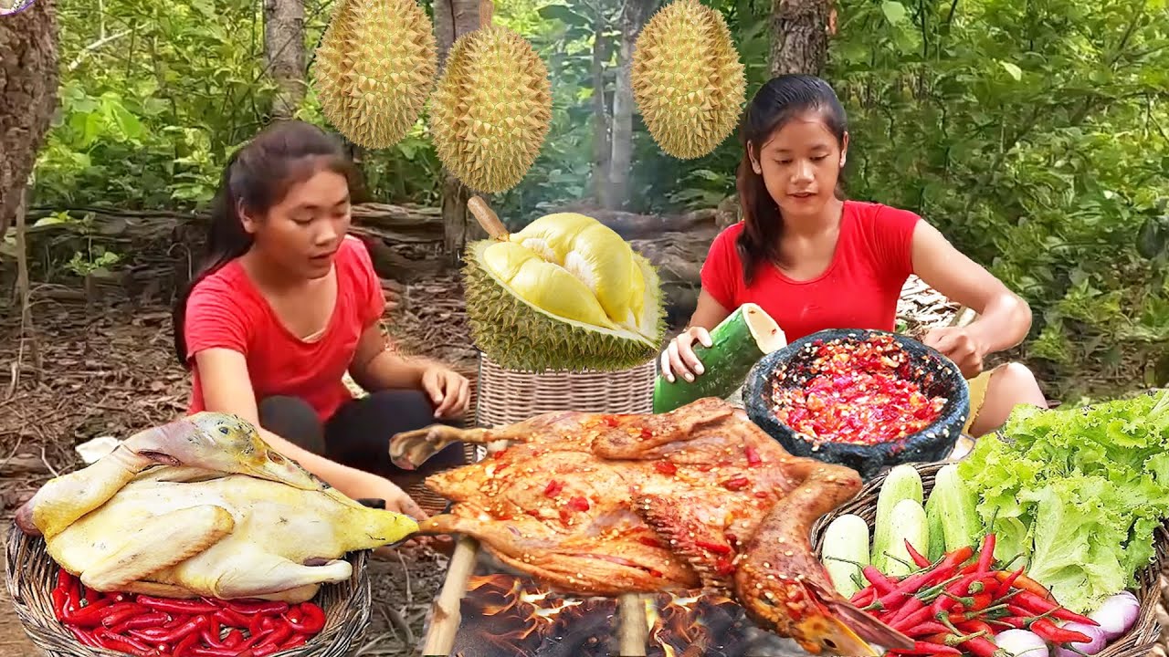 Survival catch and cook Duck spicy grilled and Ripe durian for dinner ...