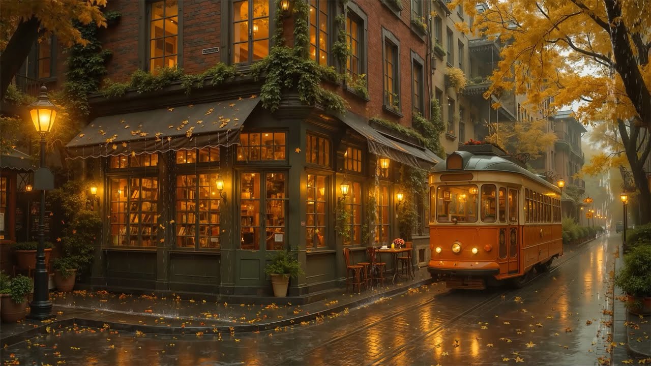 Cozy Outdoor Book Café Vibes & Warm Jazz Playlist ☕Vintage Street Charm ...