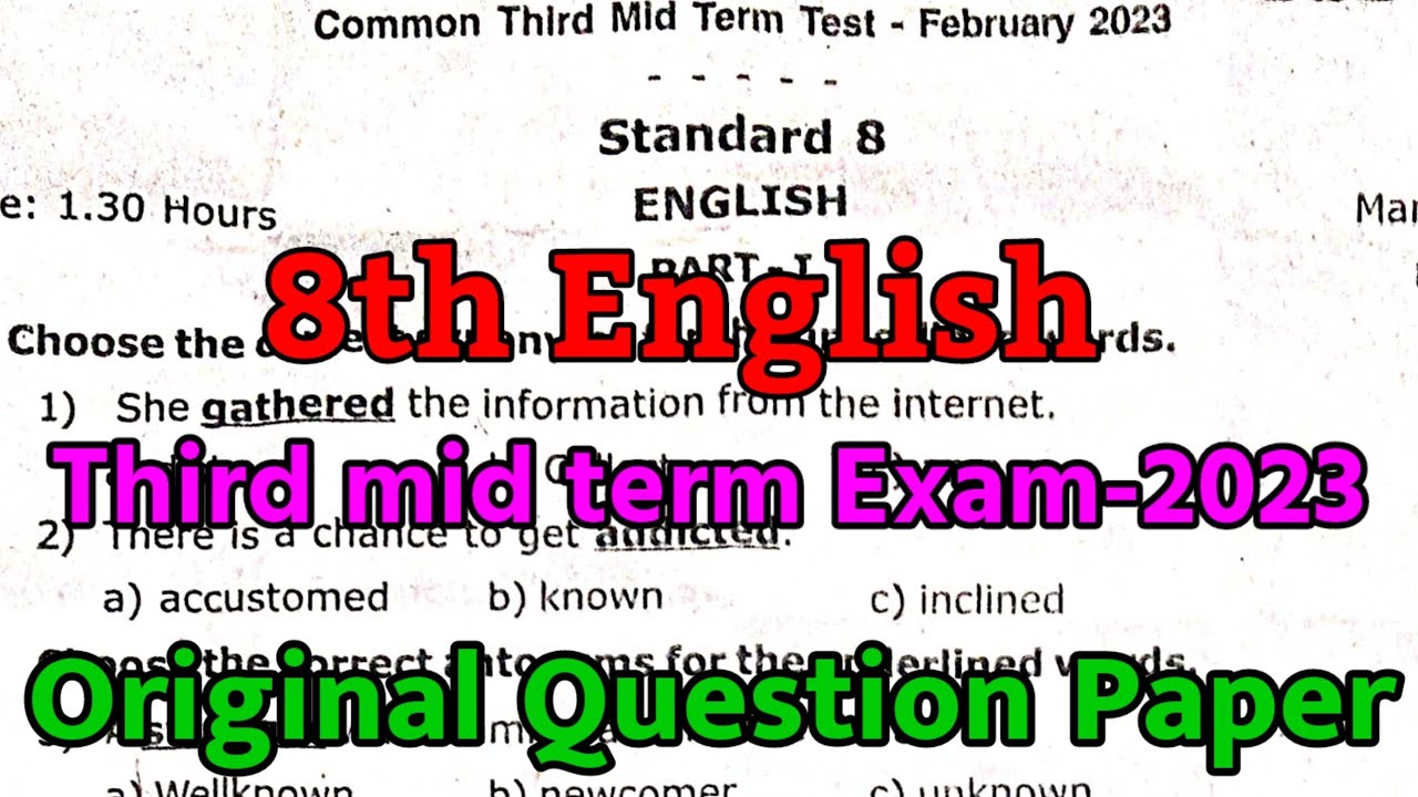 8th English 3rd midterm exam 2023 original Question paper pdf download-8th english Third mid ...