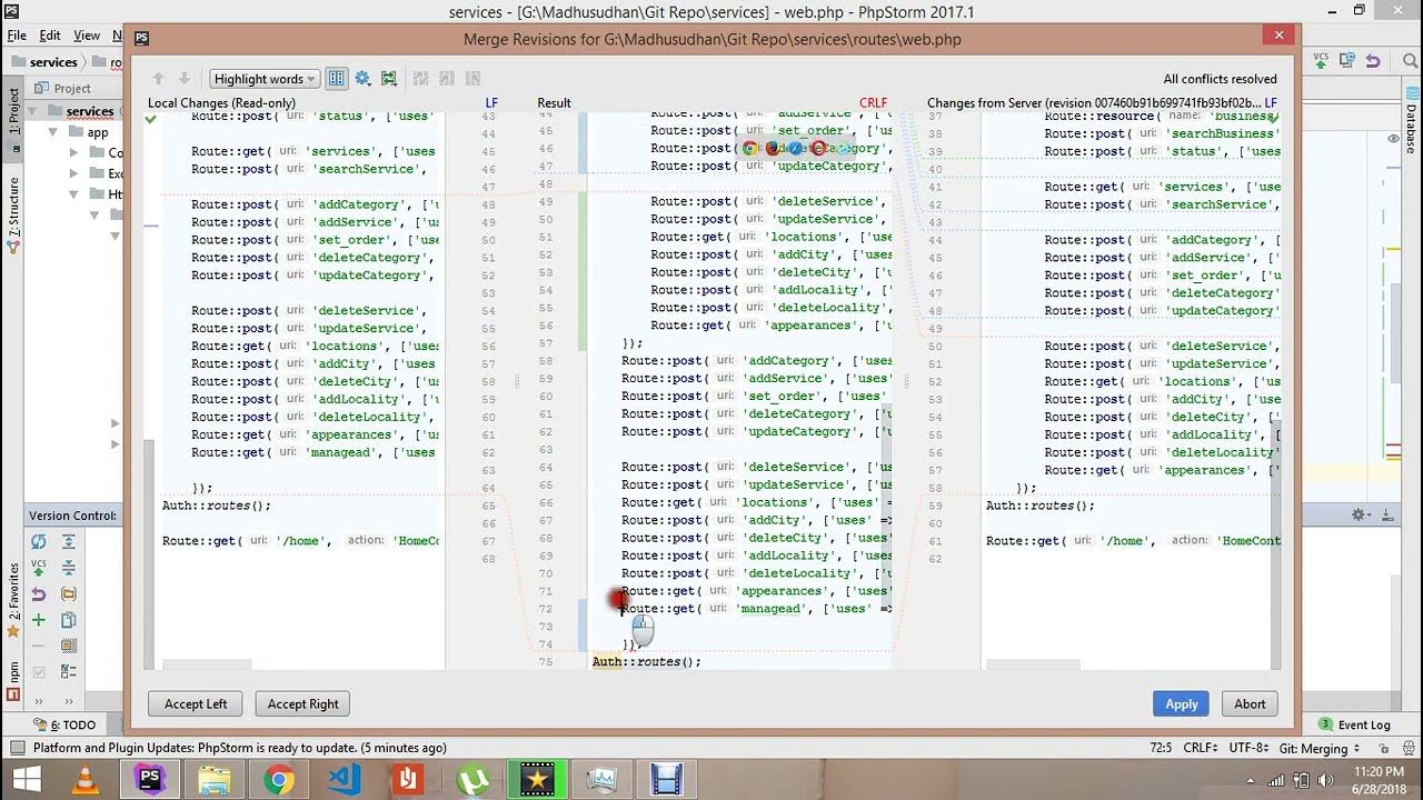 resolving merge conflicts using phpstorm IDE - YouTube
