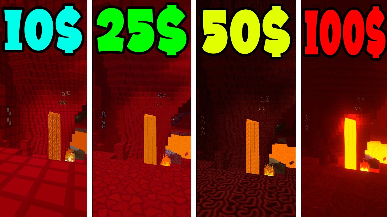 nether minecraft for 10$ vs 25$ vs 50$ vs 75$ vs 100$ - YouTube