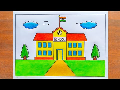 School Scenery Drawing / How to Draw a School Easy Step by Step / My School Drawing / School Drawing