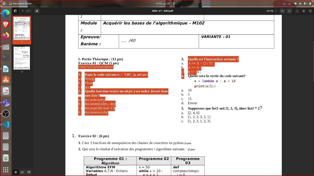 Algorithmes et python : Correction EFM _ QCM - YouTube