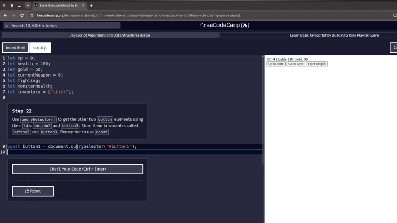 freeCodeCamp Basic JavaScript by Building a Role Playing Game (step: 16-30) - YouTube