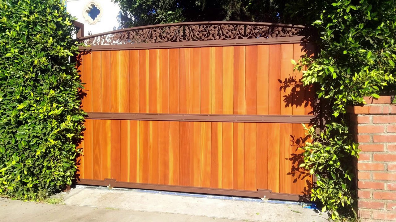 Custom Redwood Driveway Slide Gate With Iron Frame - YouTube