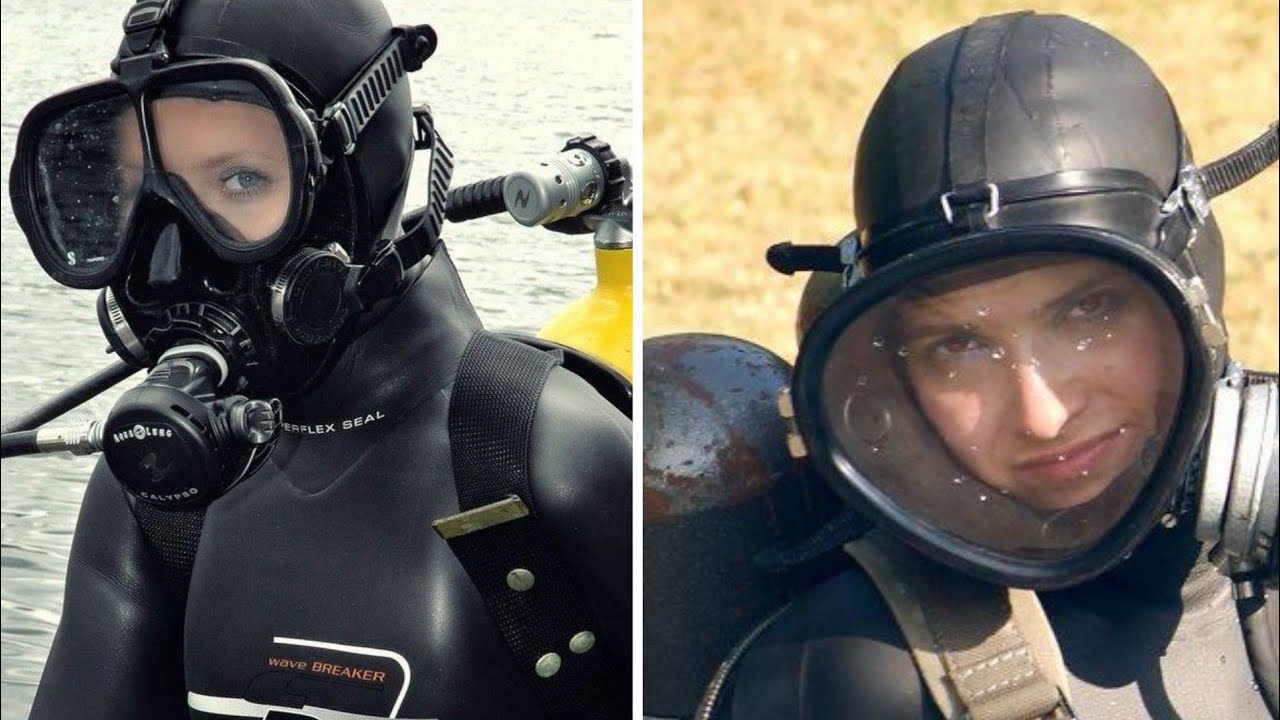 Commercial divers and their gear and latex full face gas masks designs ...