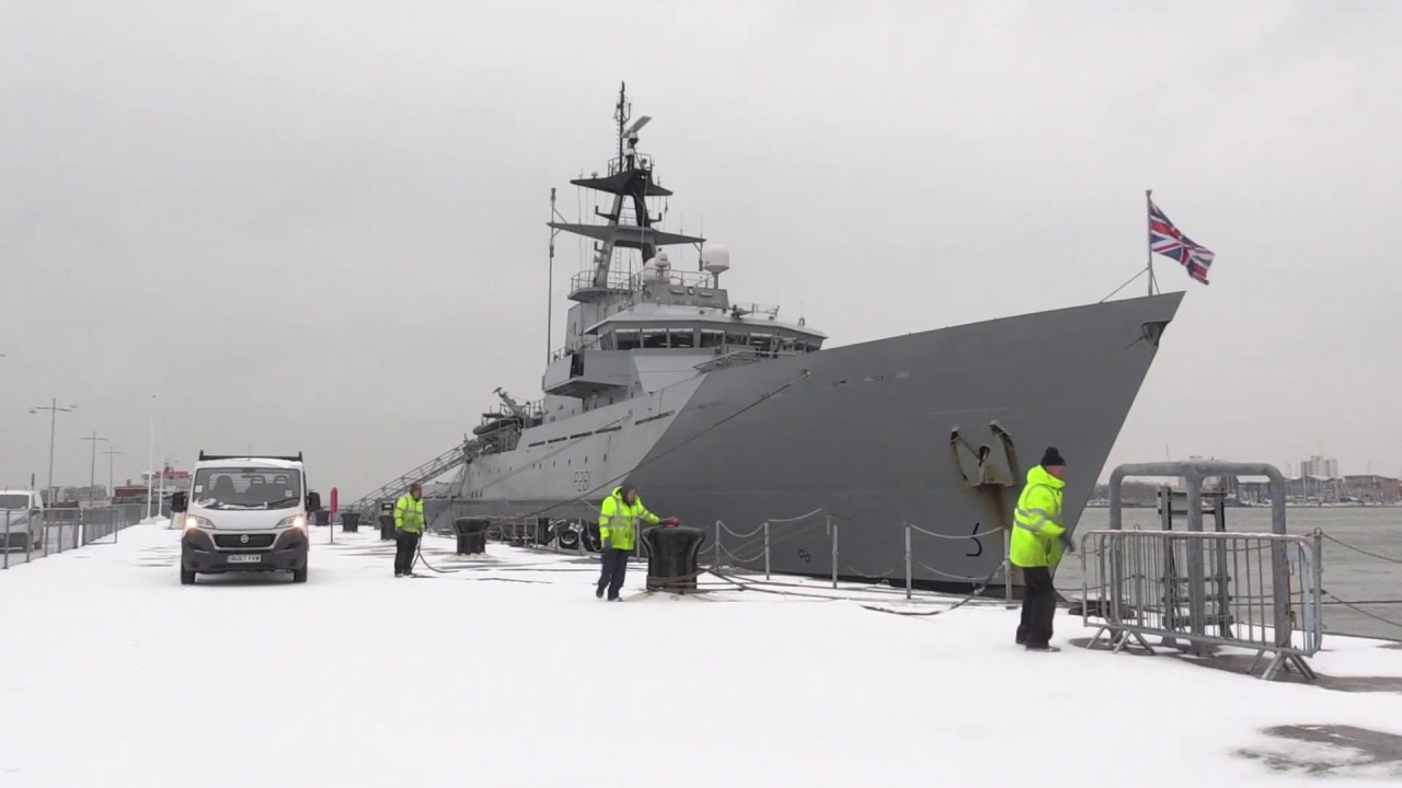 Portsmouth naval base in the snow - YouTube