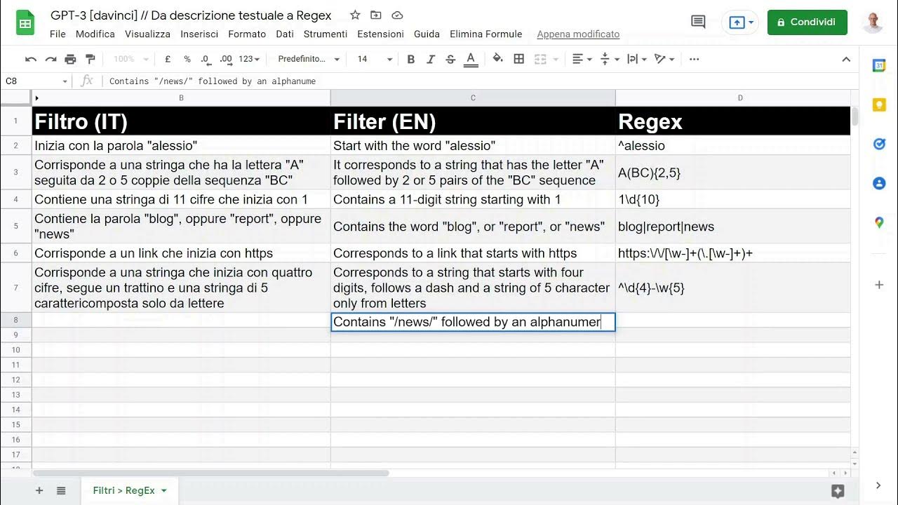 Come creare espressioni regolari (RegEx) con GPT-3 attraverso un Foglio ...