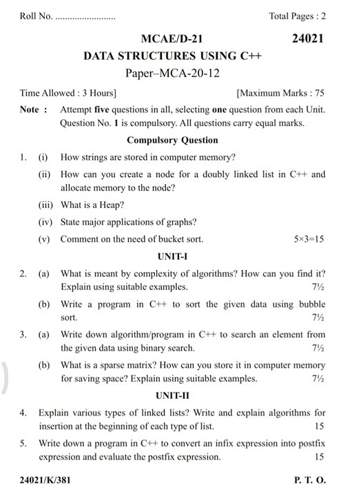 Data Structures Using C++ MCA 20 12 Exam question paper 2022 - YouTube