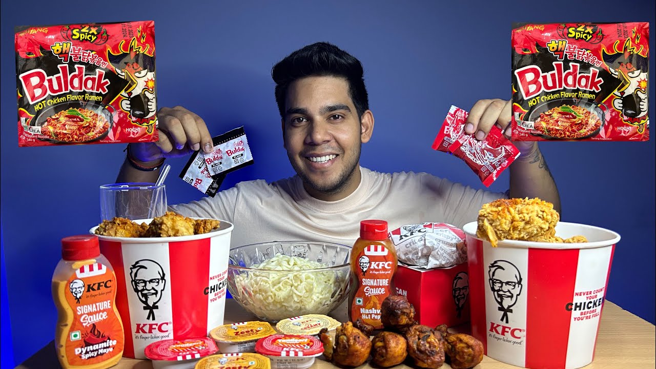 2X SPICY 🌶️ SAMYANG NOODLES 🍜 || KFC 2 BUCKET WITH SMOKY RED AND BURGER ...