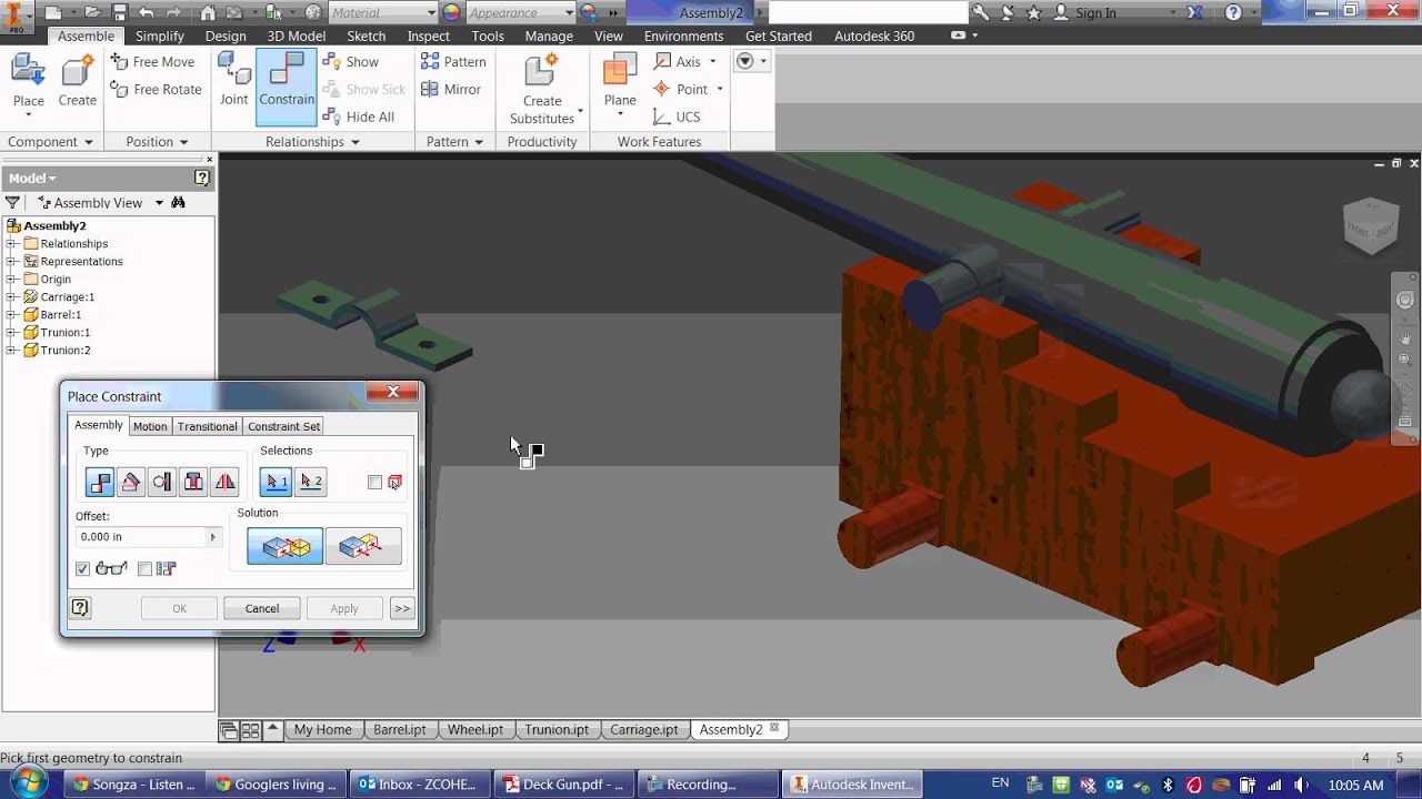 Autodesk Inventor Tutorials Deck Gun part 5--Assembly - YouTube
