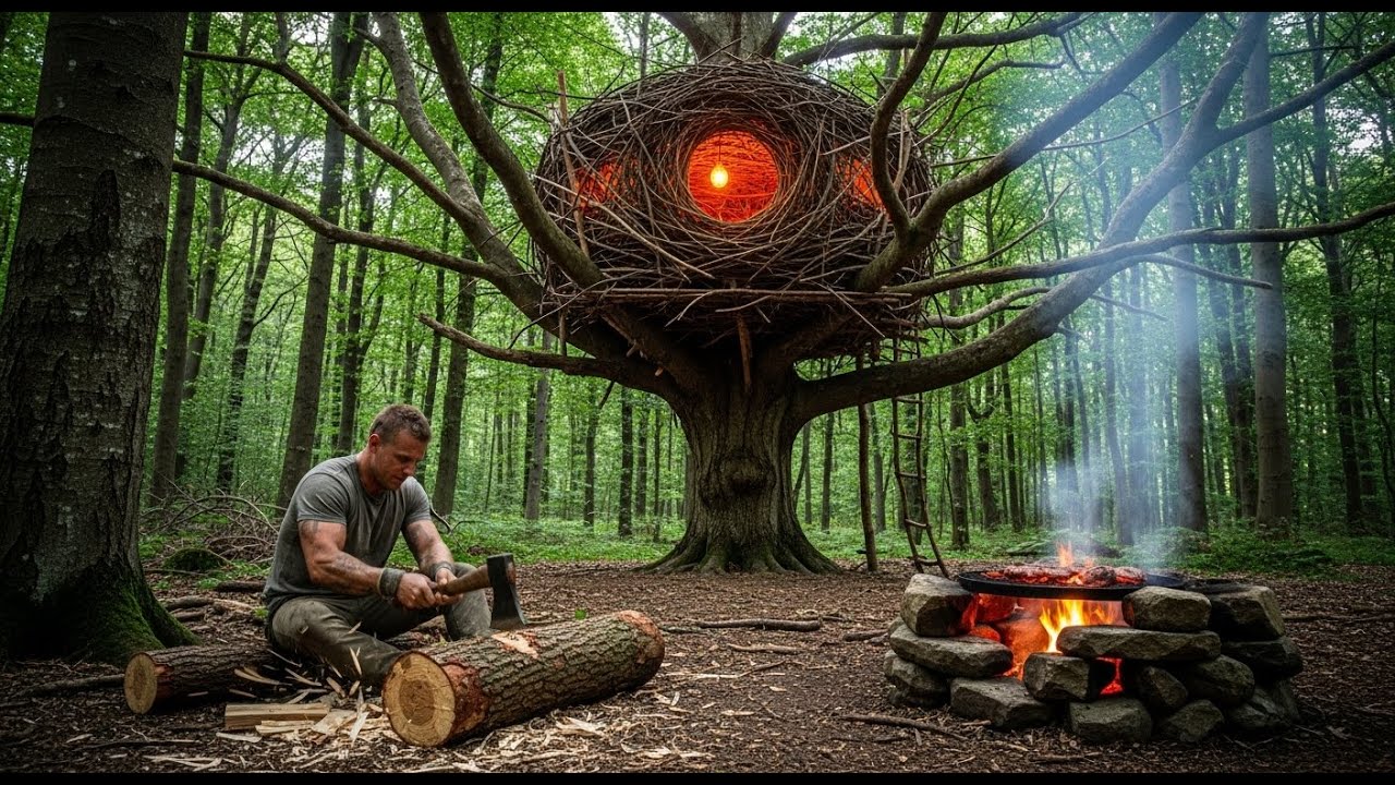 Bushcraft Tree House – Warm Survival Shelter in the Forest | Wooden ...