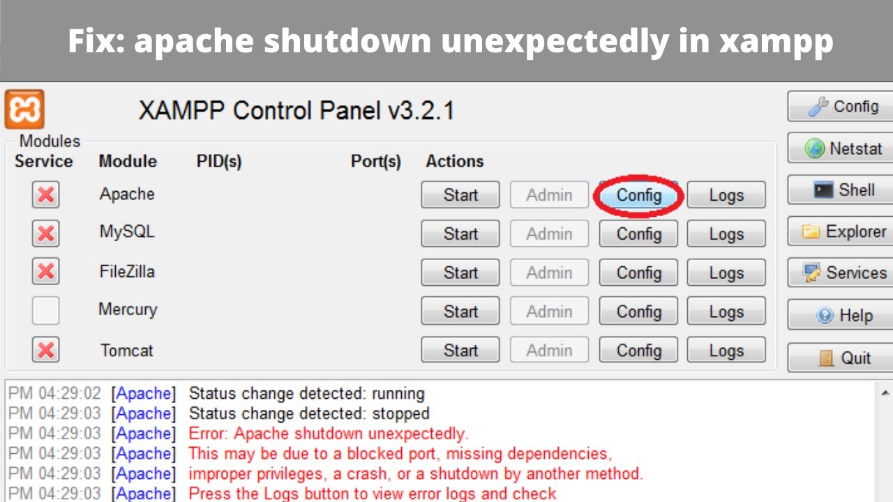 How To Resolve Apache Shutdown Unexpectedly In Xampp Xampp Apache Not Starting Youtube