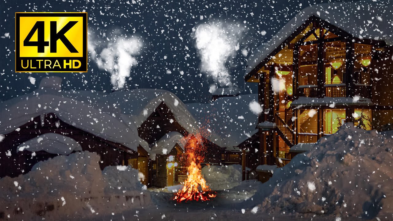 1 Hours Snow Storm a Village 4K UHD | Campfire Sounds | Snowfall & Wind ...