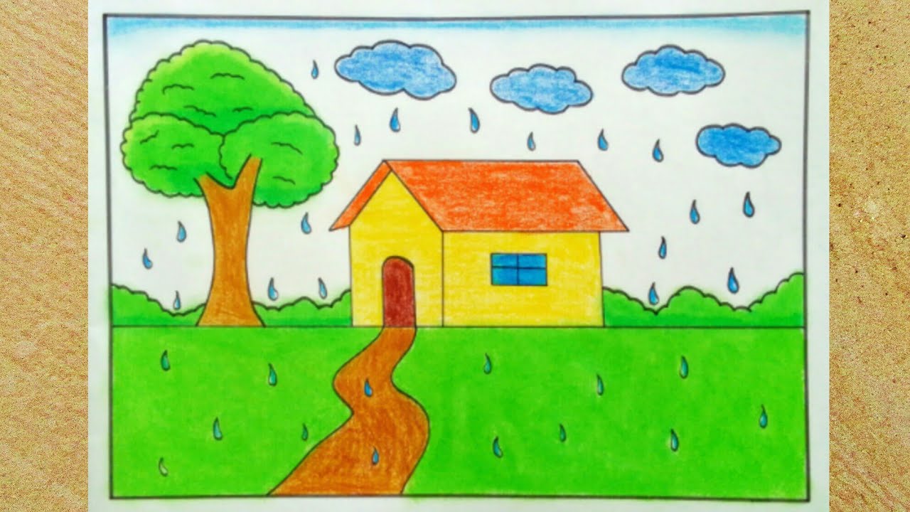 How to Draw a Scenery of Rainy Season Step by Step | Rainy Day Drawing ...