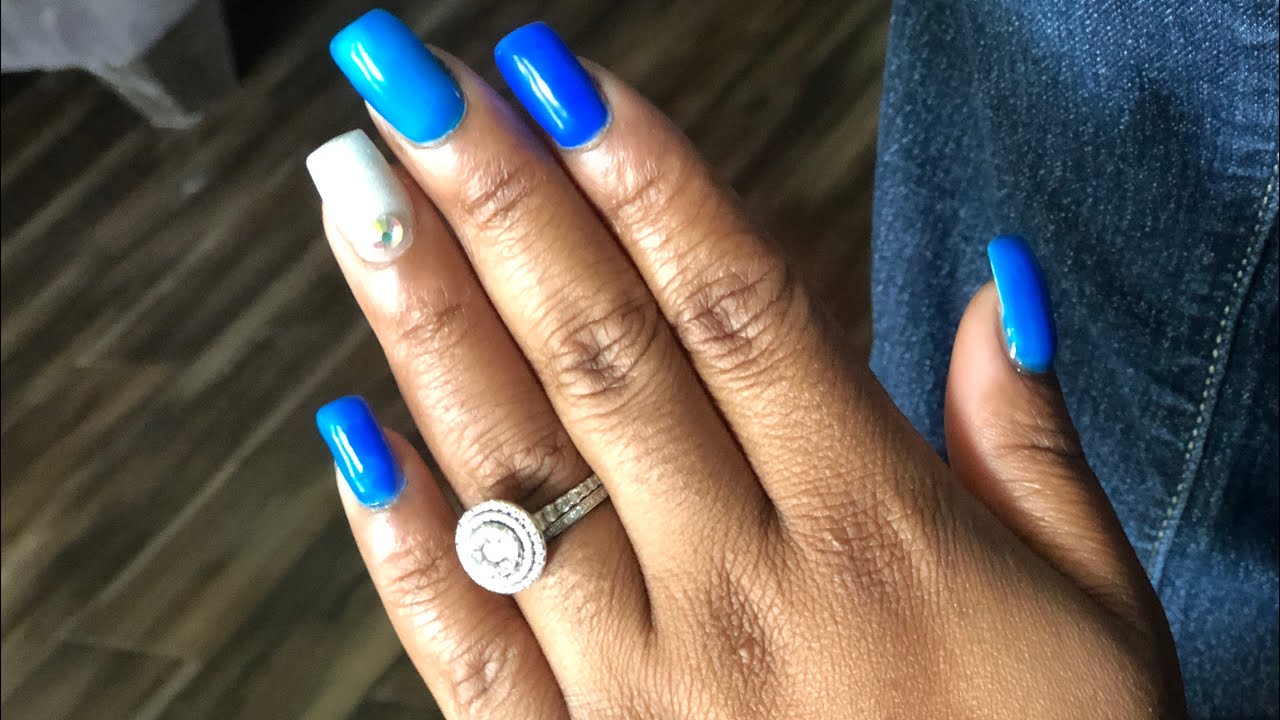 Cheap blue gel polish on Polygel nails - YouTube
