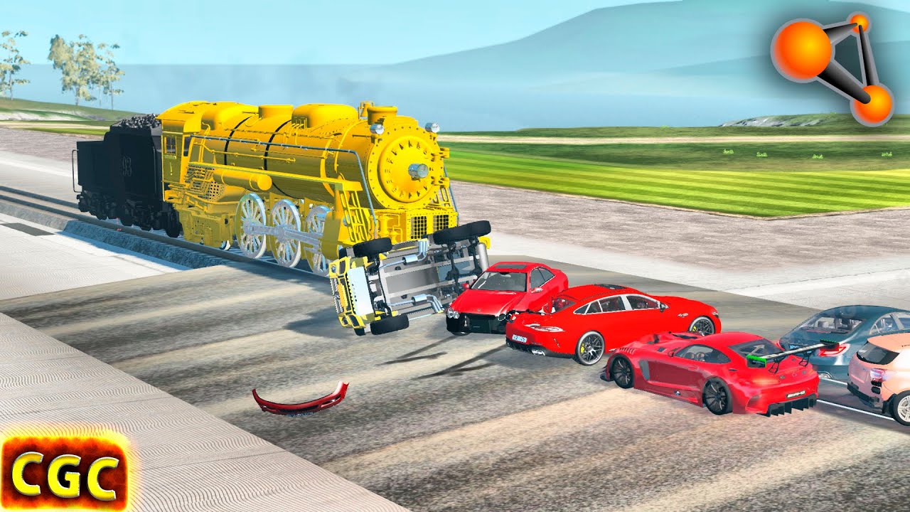 Steam Engine Train Vs Cars on railroad cross #11 BeamNG Drive - YouTube