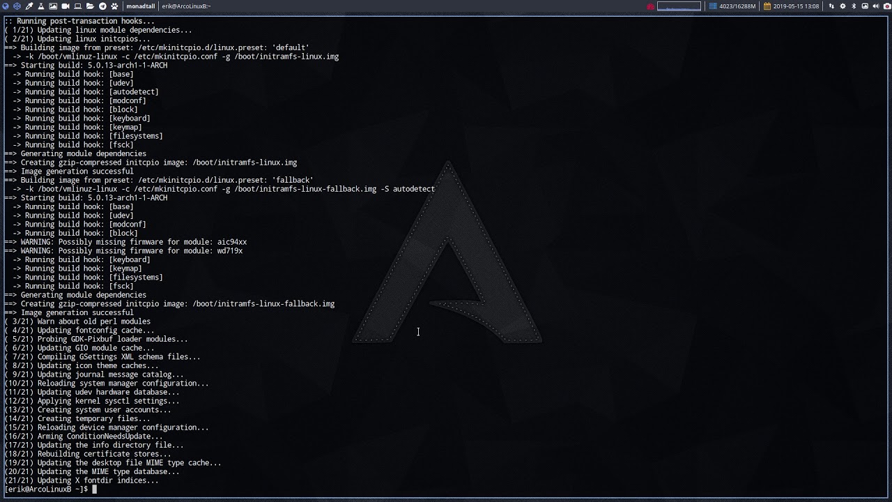 ArcoLinux : 905 updating qtile with mirror, update, skel and pksyua ...