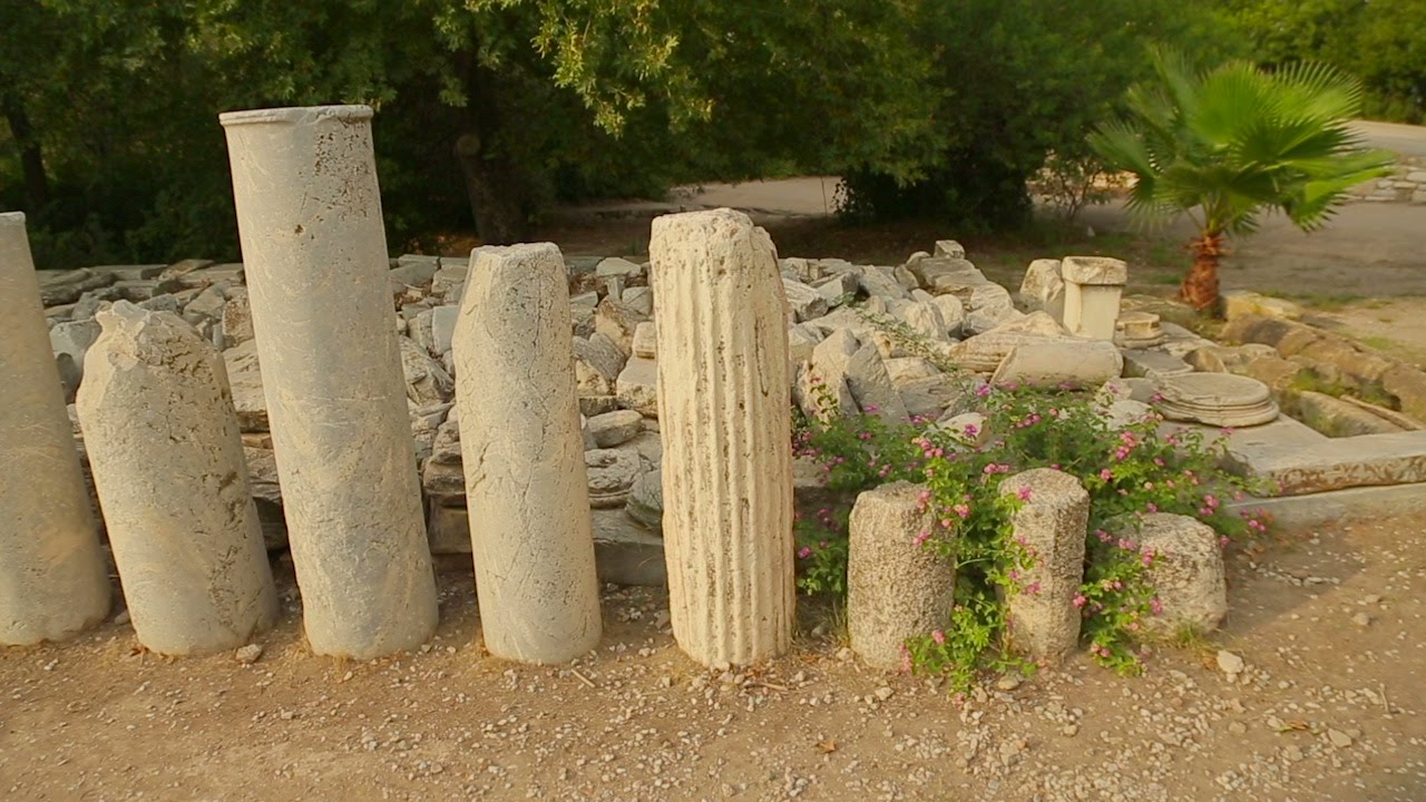 Pile of marble stones and columns, archaeological excavations findings ...