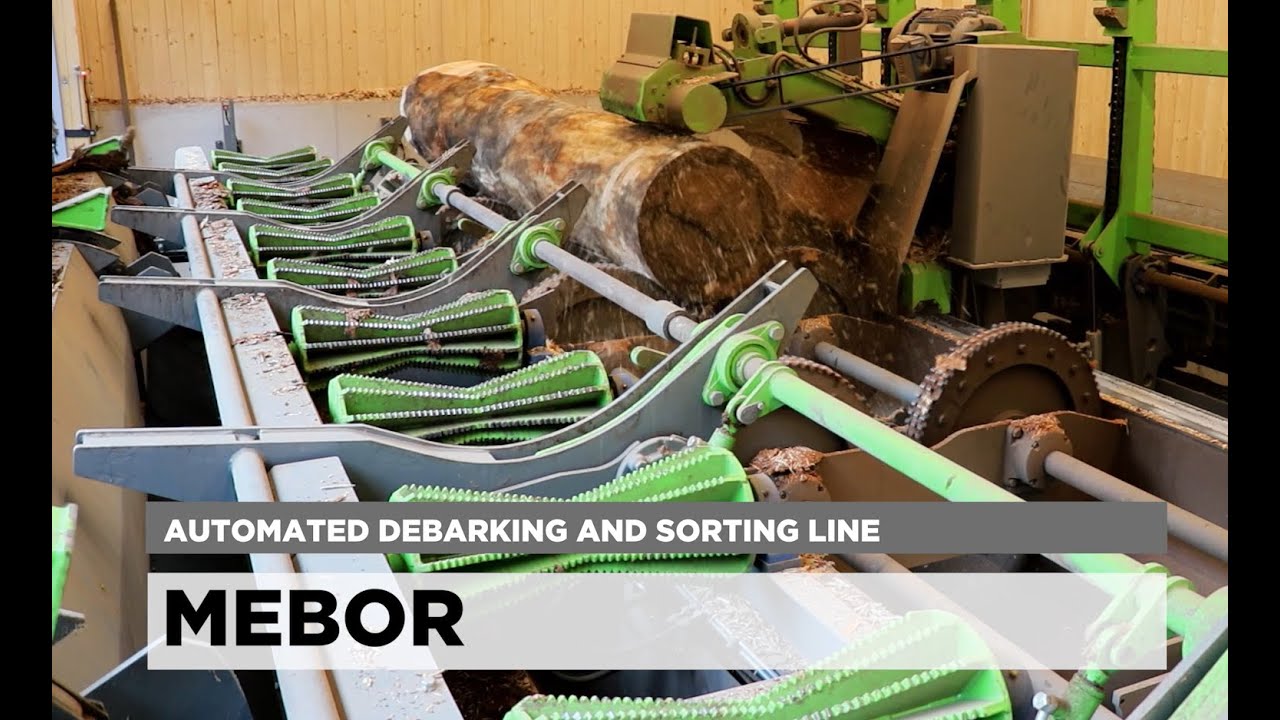 Mebor debarking line with SLH DEBARKER, sorting and cross cutting - YouTube