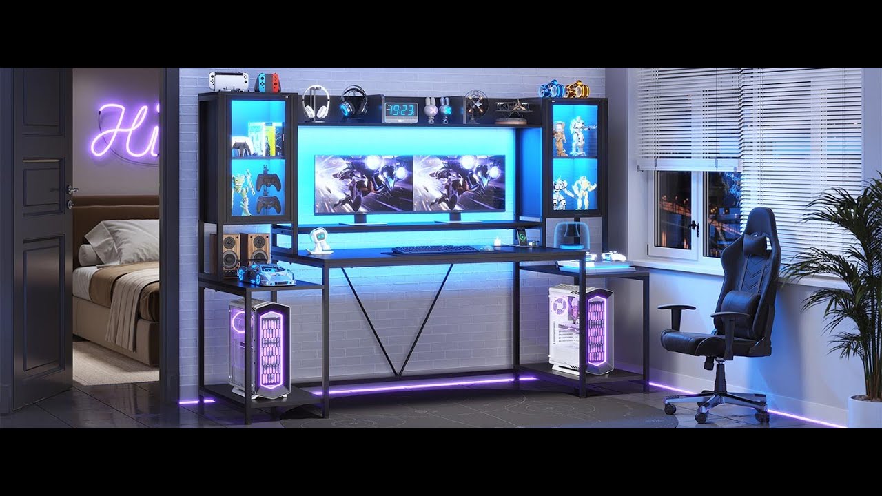 SEDETA 74.8 Inch Gaming Desk with LED Lights Hutch and Storage Shelves ...