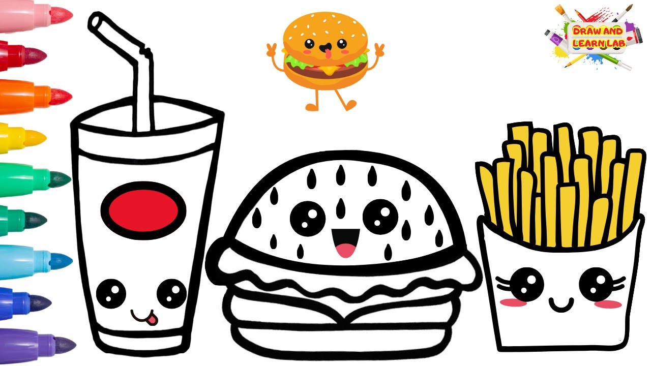How to Draw Fast Food 🍔🍟🥤Drawing and Coloring Cute Fast Food 🌈 Drawings ...