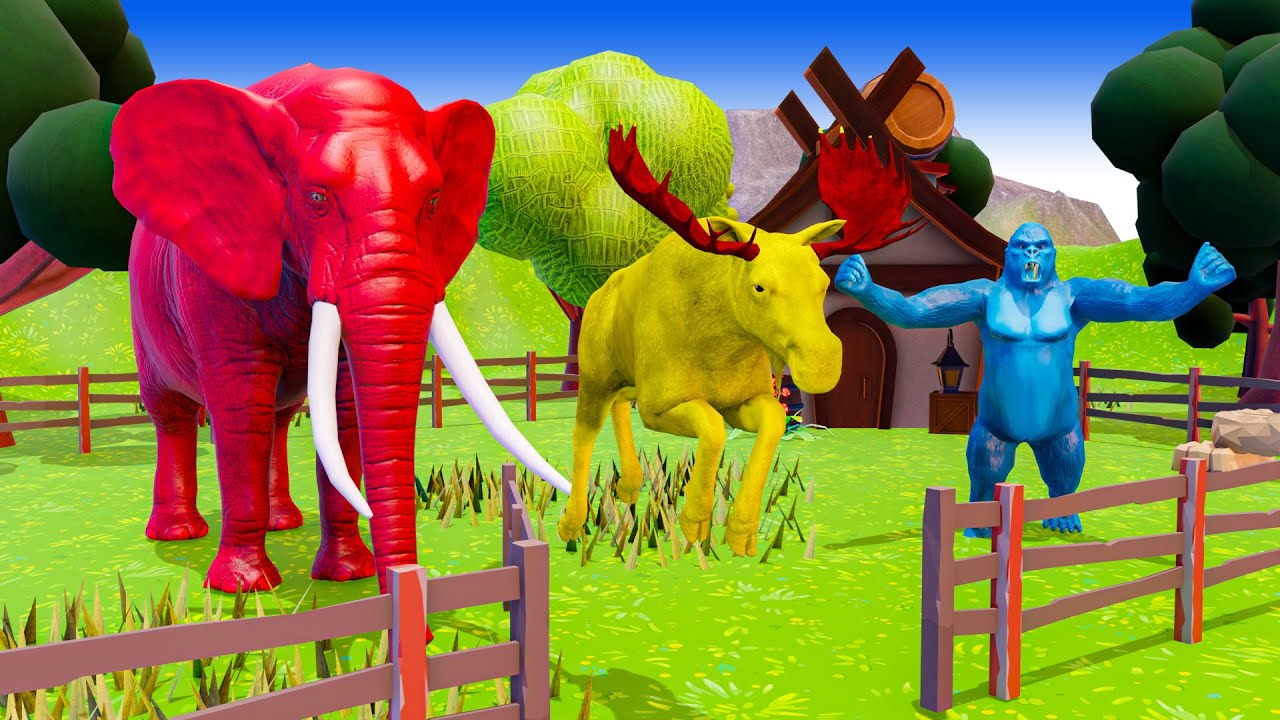Colorful Animals Fighting For Food Elephant, Panda, Moose, Gorilla ...