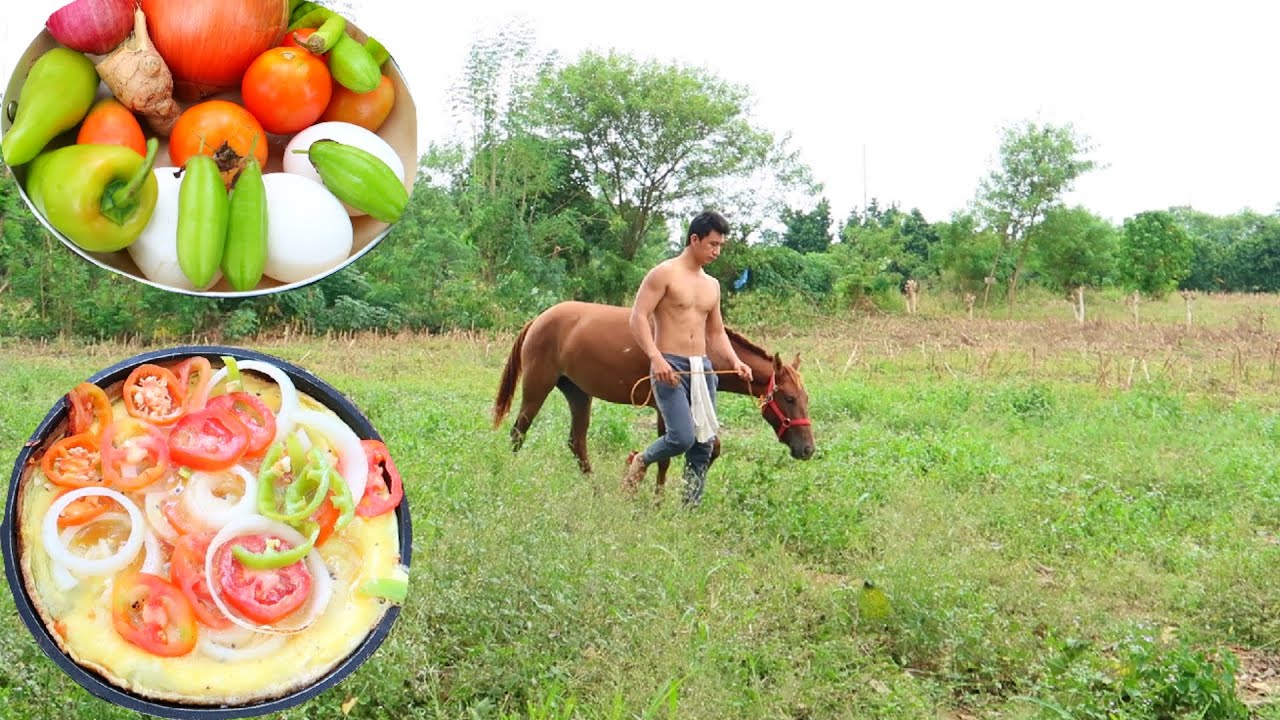 Chicken and Egg Pie Cooking and Riding Horse At The River - YouTube