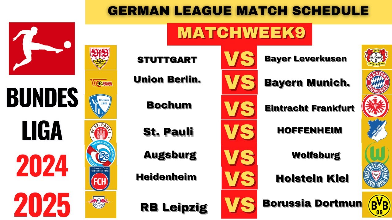Bundesliga FIXTURES TODAY - MATCHWEEK 9 - German League Fixtures 202425 ...