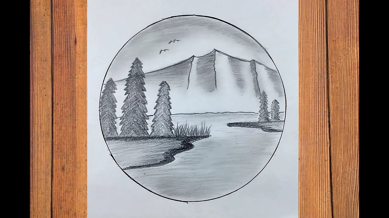 How To Draw A Lake And Mountains - DRAWING SIMPLE PENCIL - YouTube