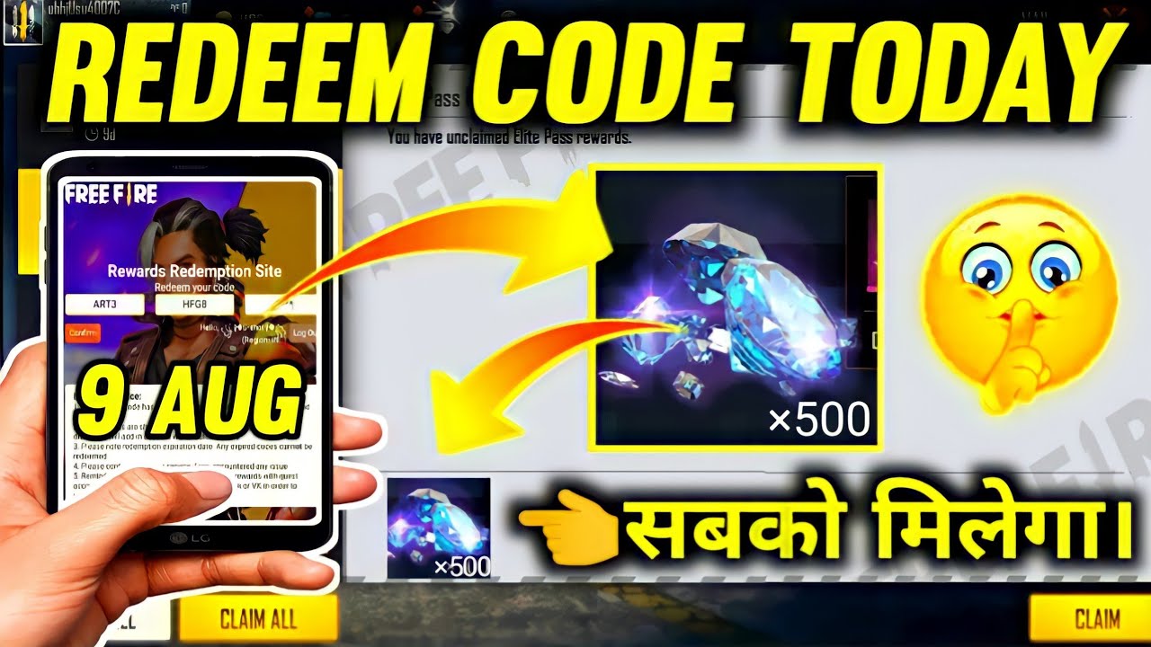 🤩Redeem code 500 diamond in free fire | 9 August 2021 | garena free ...