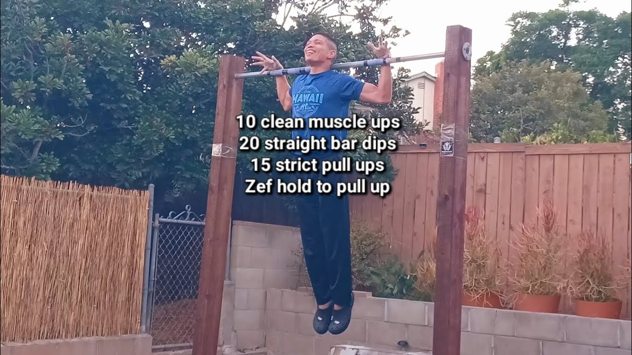 10 clean muscle ups to 20 straight bar dips to 15 strict pull ups to ...
