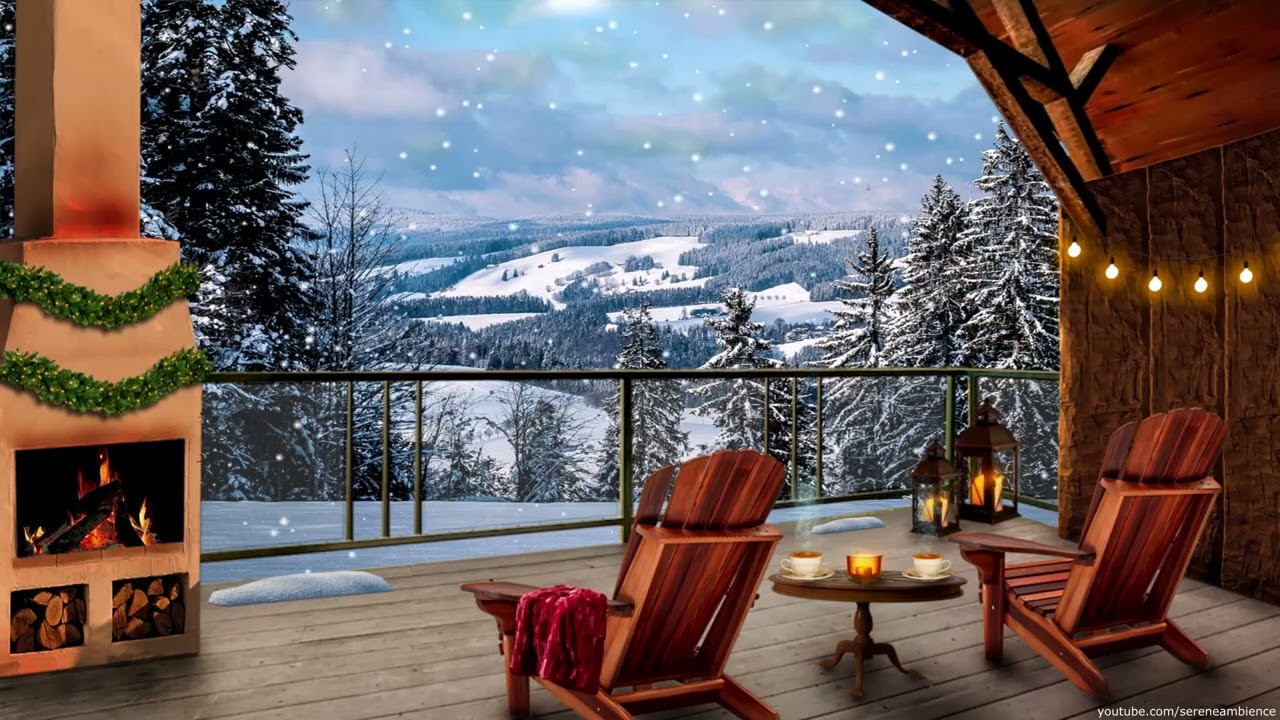 Winter Cozy Porch Ambience: crackling Fireplace, Snow Fall, calming ...