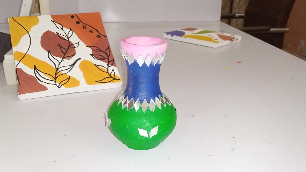 Pot Painting with mirrors decorations green and blue - YouTube