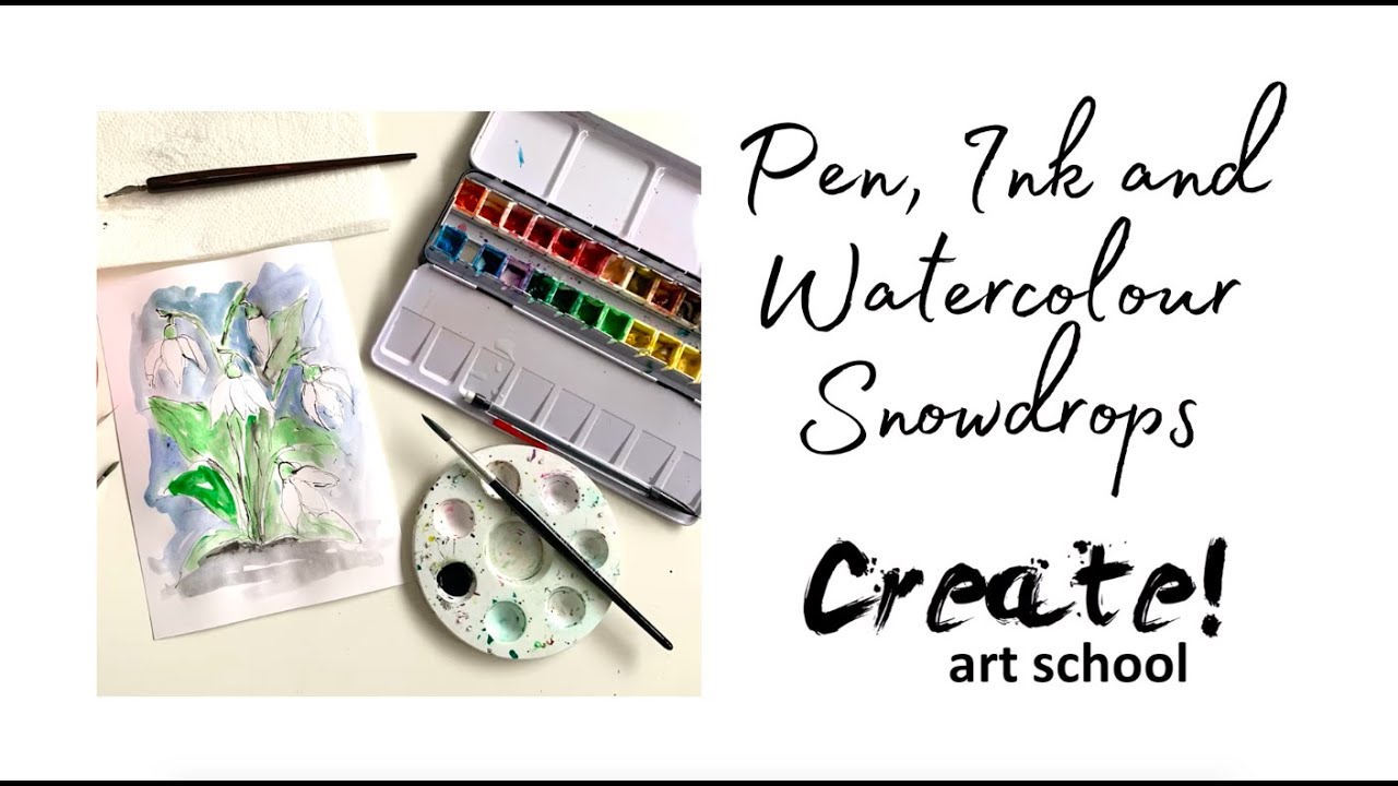 Pen and watercolour Snowdrops painting demonstration - YouTube