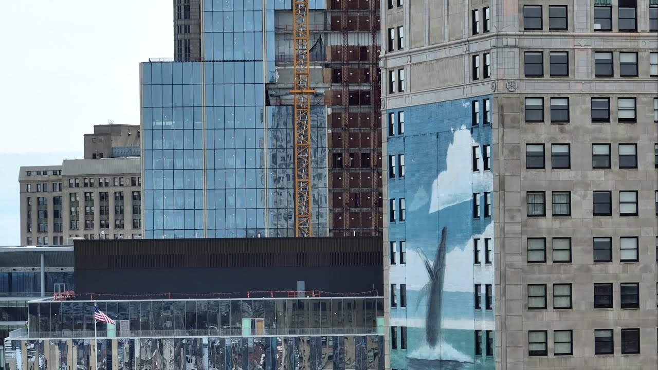 Drone Zoom Shot Of Hudson’s Detroit New Construction & Broderick Tower ...