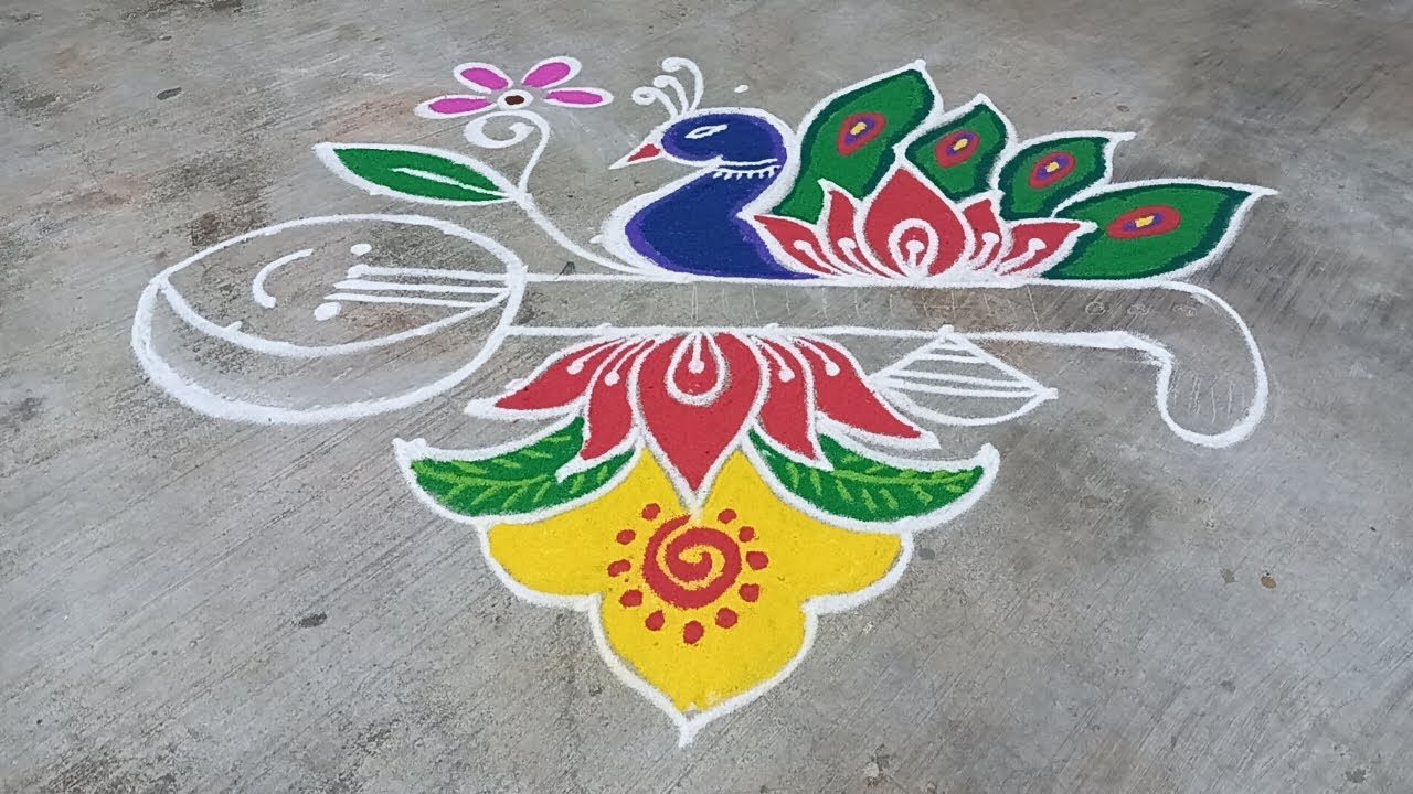 🌹 Simple Veenai Rangoli 🌹 Easy Colour Full Rangoli 🌹 - YouTube