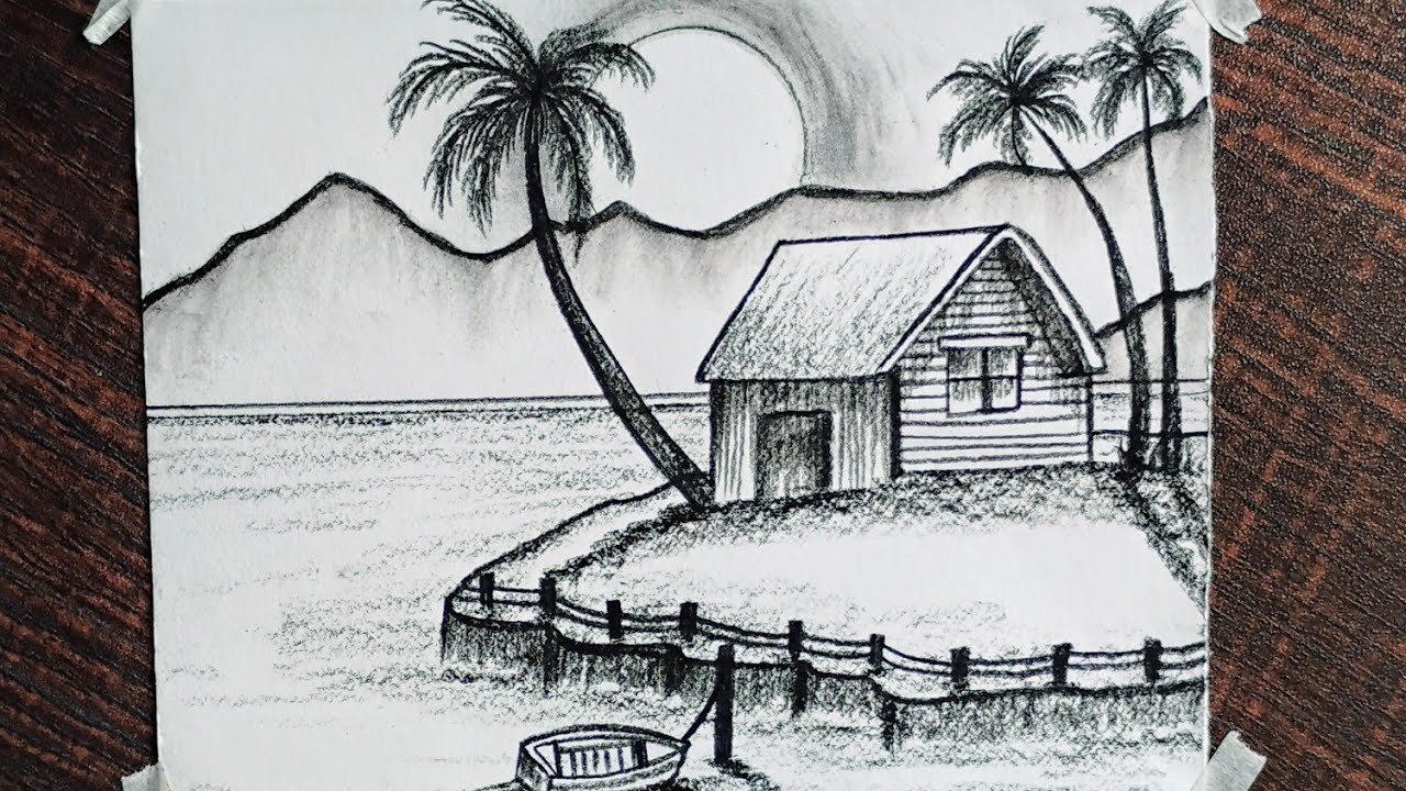 Easy drawing of a house by the river||Step by step tutorial for ...