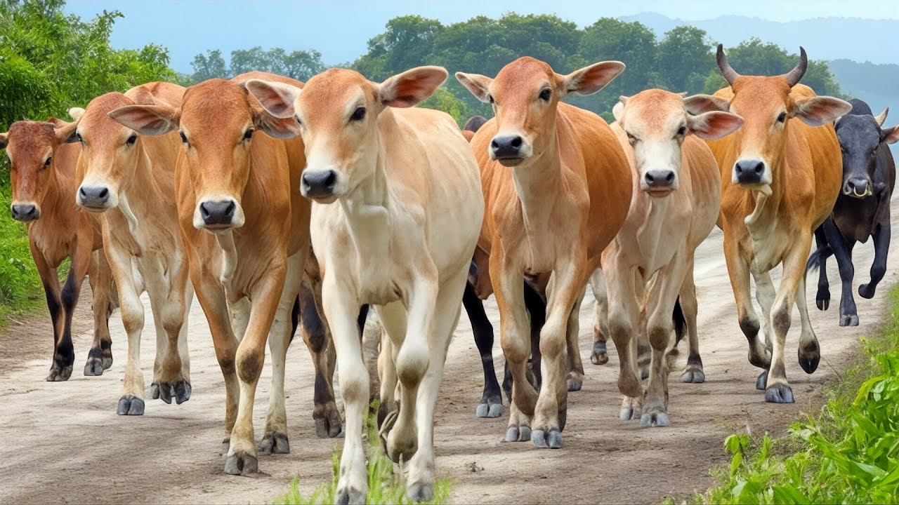 Puluhan sapi lembu jinak berlari sangat gembira ketika waktunya pulang ...