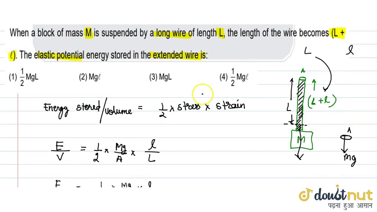 When a block of mass M is suspended by a long wire of length L, the ...