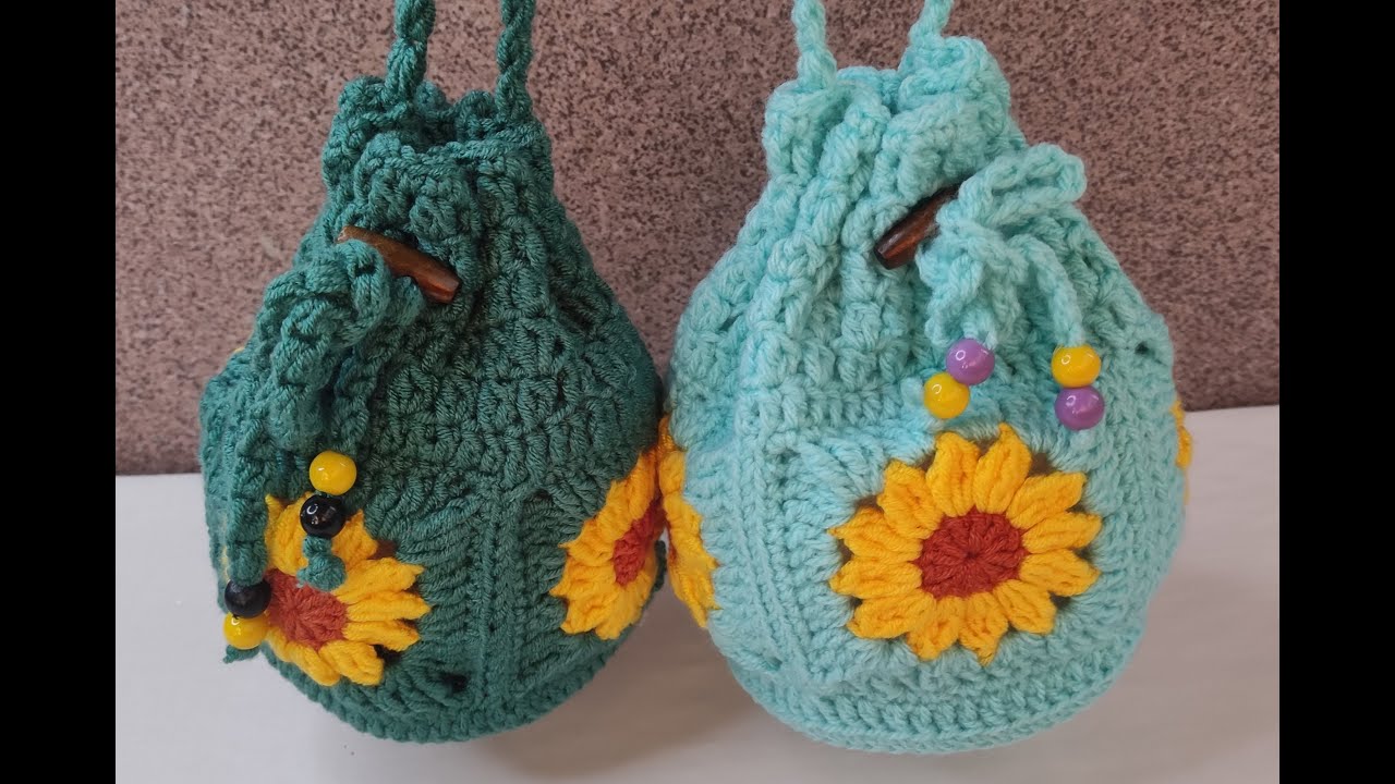 Easy Crochet Sunflower Granny Square Drawstring Bag || Crochet ...