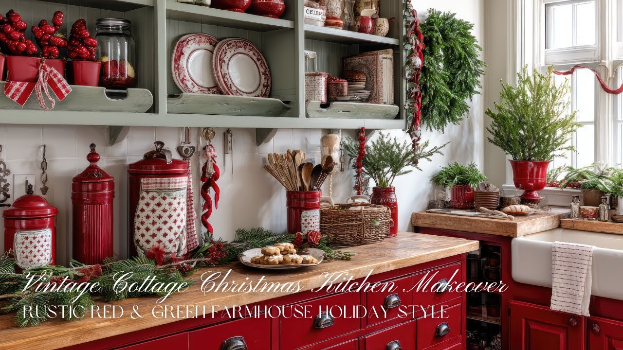 Vintage Cottage Christmas Kitchen Makeover | Rustic Red & Green ...