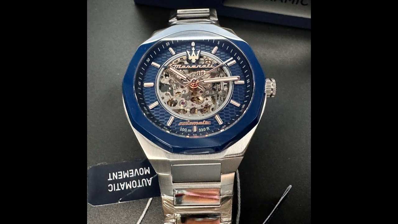 星晴錶業－MASERATI手錶,編號R8823142004,46mm寶藍十邊形陶瓷錶殼,寶藍色, 雙面機械鏤空鏤空, 中三針顯示錶面,銀色精鋼 ...
